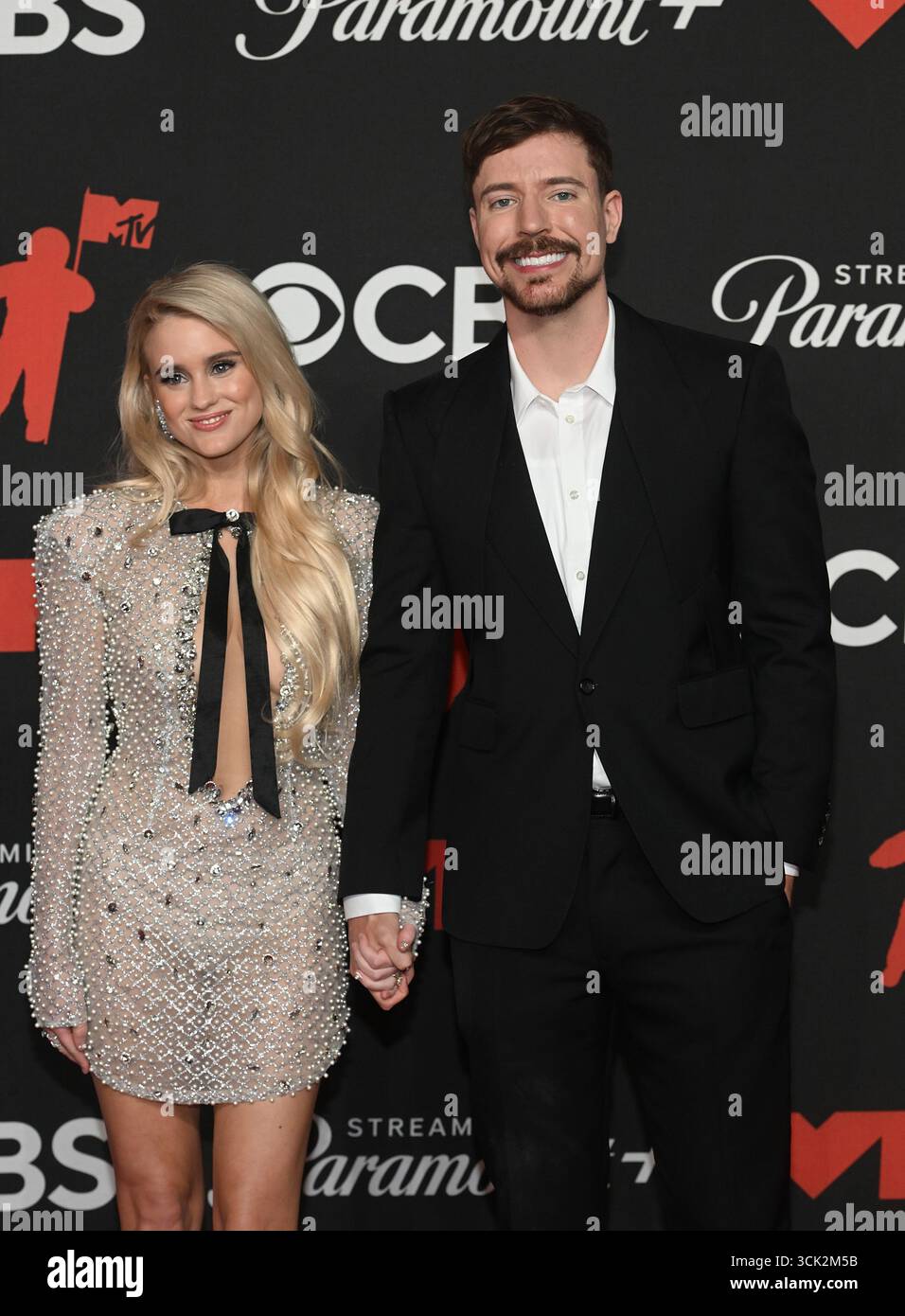 Thea Booysen and MrBeast attend the 2025 MTV Video Music Awards at UBS ...