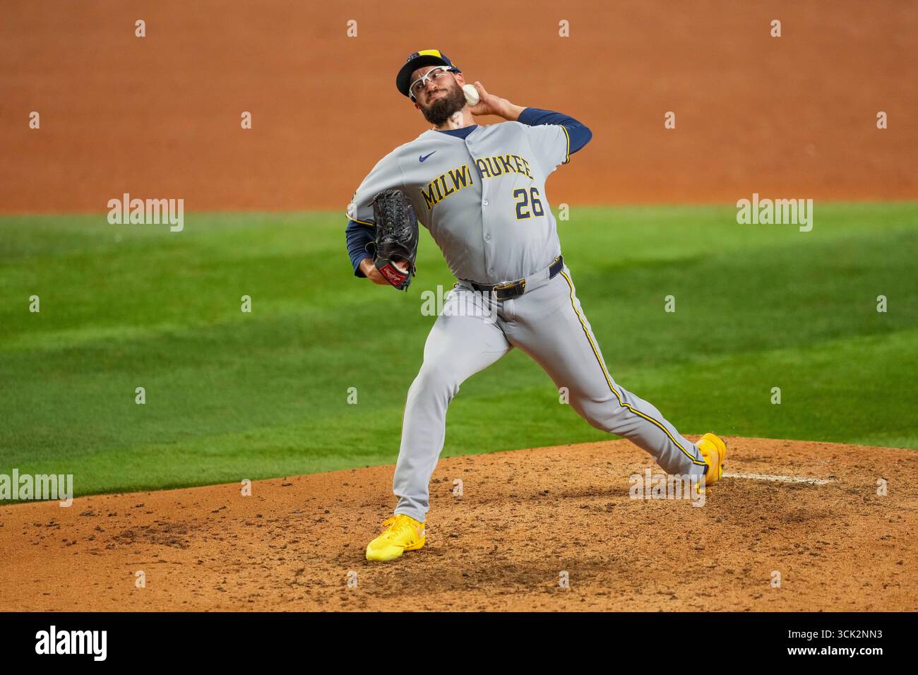 Milwaukee Brewers pitcher Aaron Ashby throws against the Texas Rangers ...