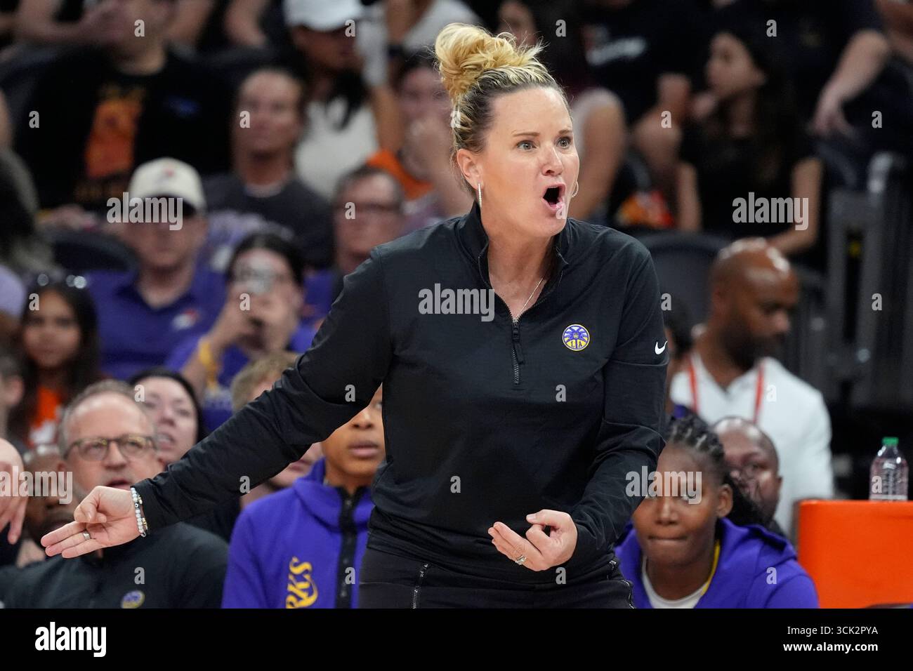 Los Angeles Sparks head coach Lynne Roberts argues with officials ...