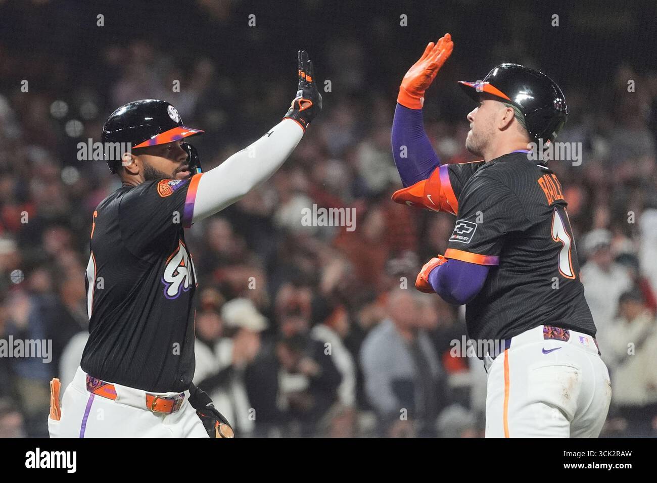San Francisco Giants' Patrick Bailey, right, is congratulated by Heliot ...