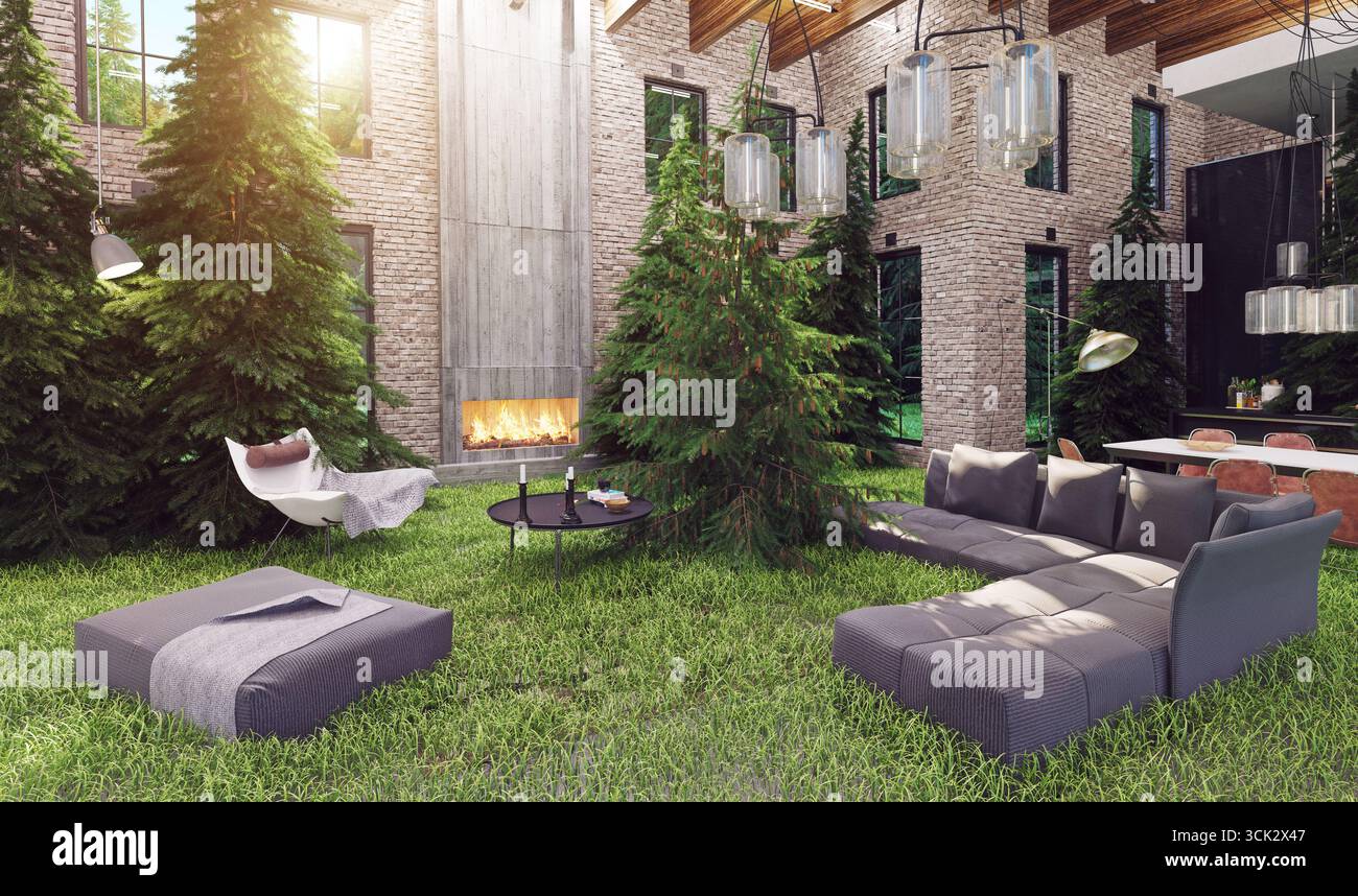 Modern apartment complex courtyard with green landscaping and seating ...