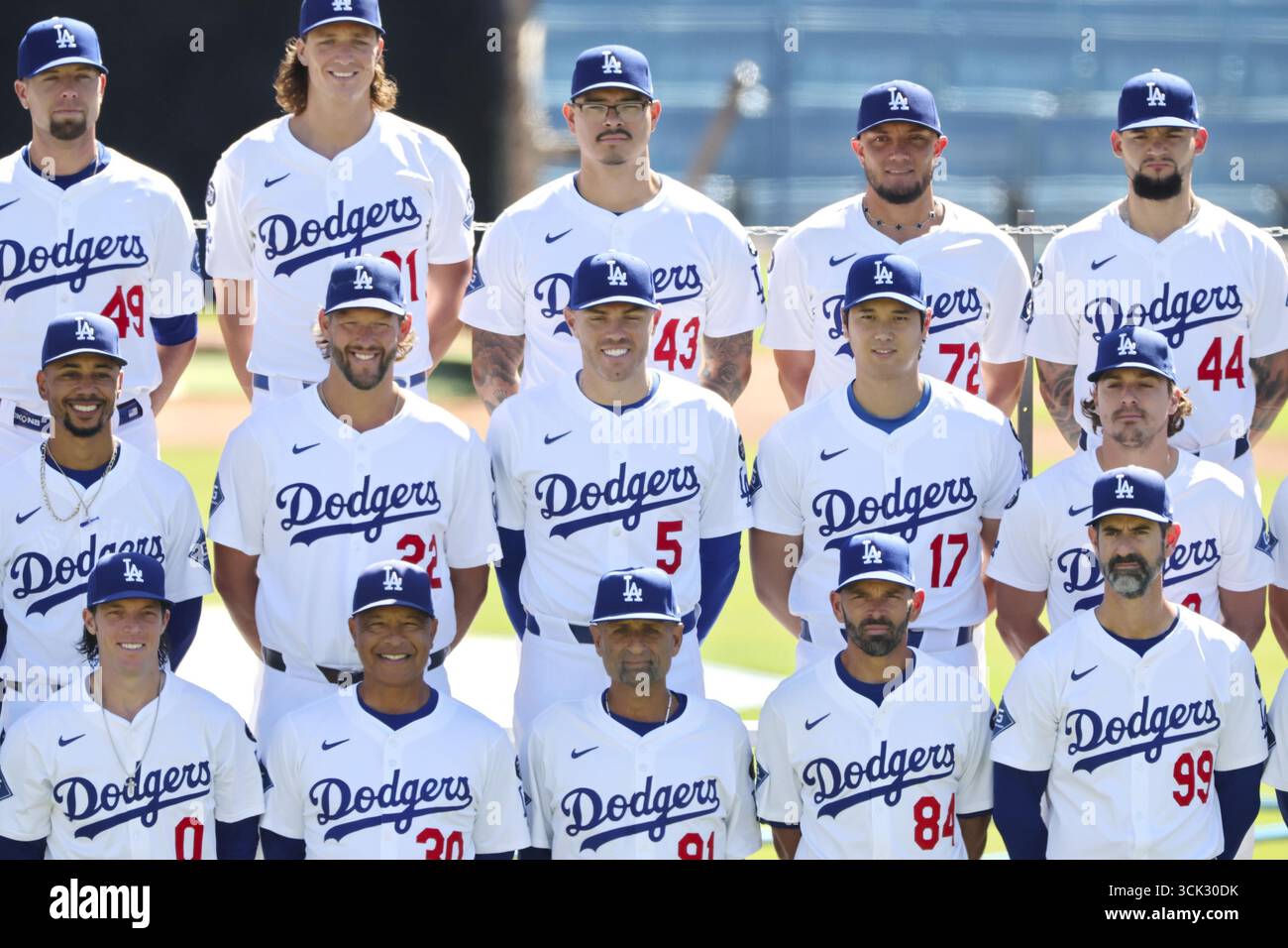 Los Angeles Dodgers players pose for a team photo ahead of a baseball ...