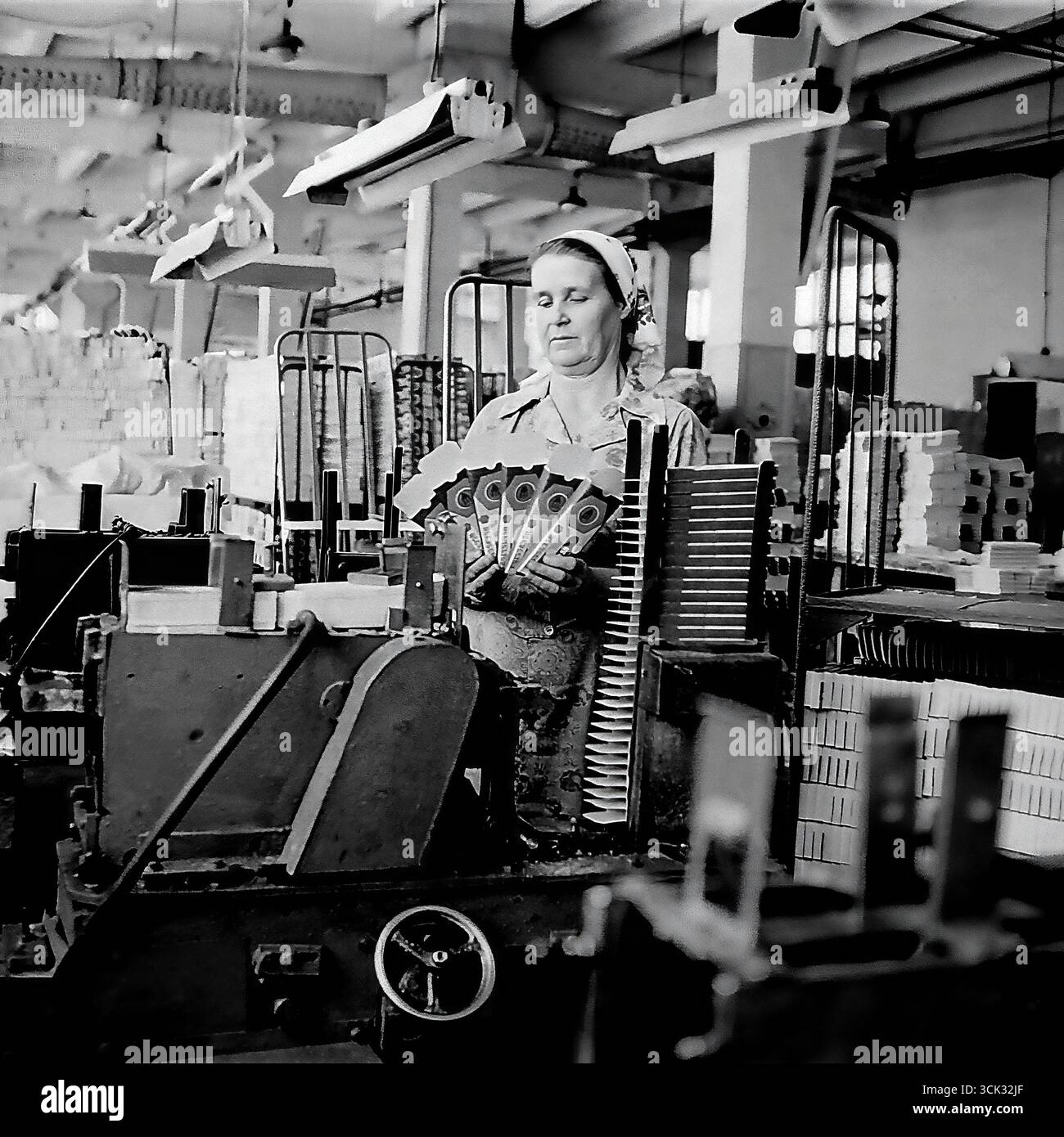 A worker in the packaging workshop of the Sloviansk Pencil Factory ...