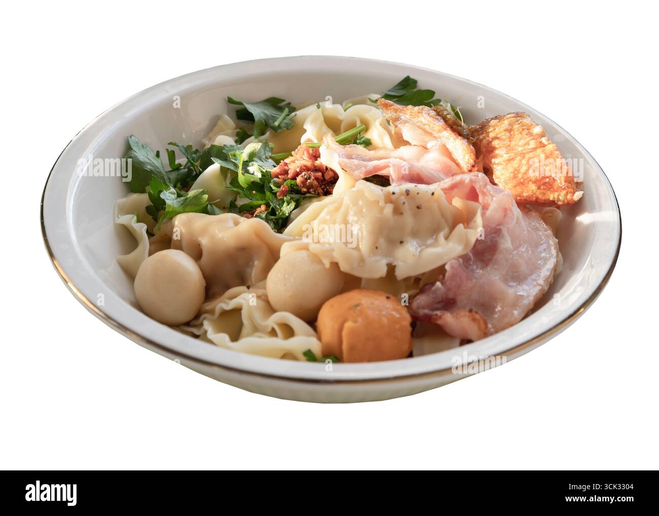 Homemade Flat egg noodles (Dried Mee Pok) served with Crispy pork belly ...