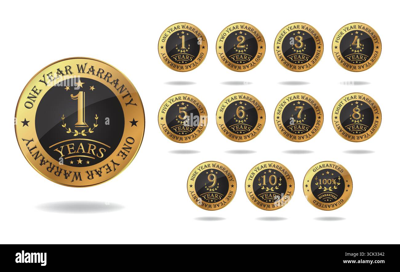 Gold black warranty badges set, 1-to-10-year warranty guarantee labels ...