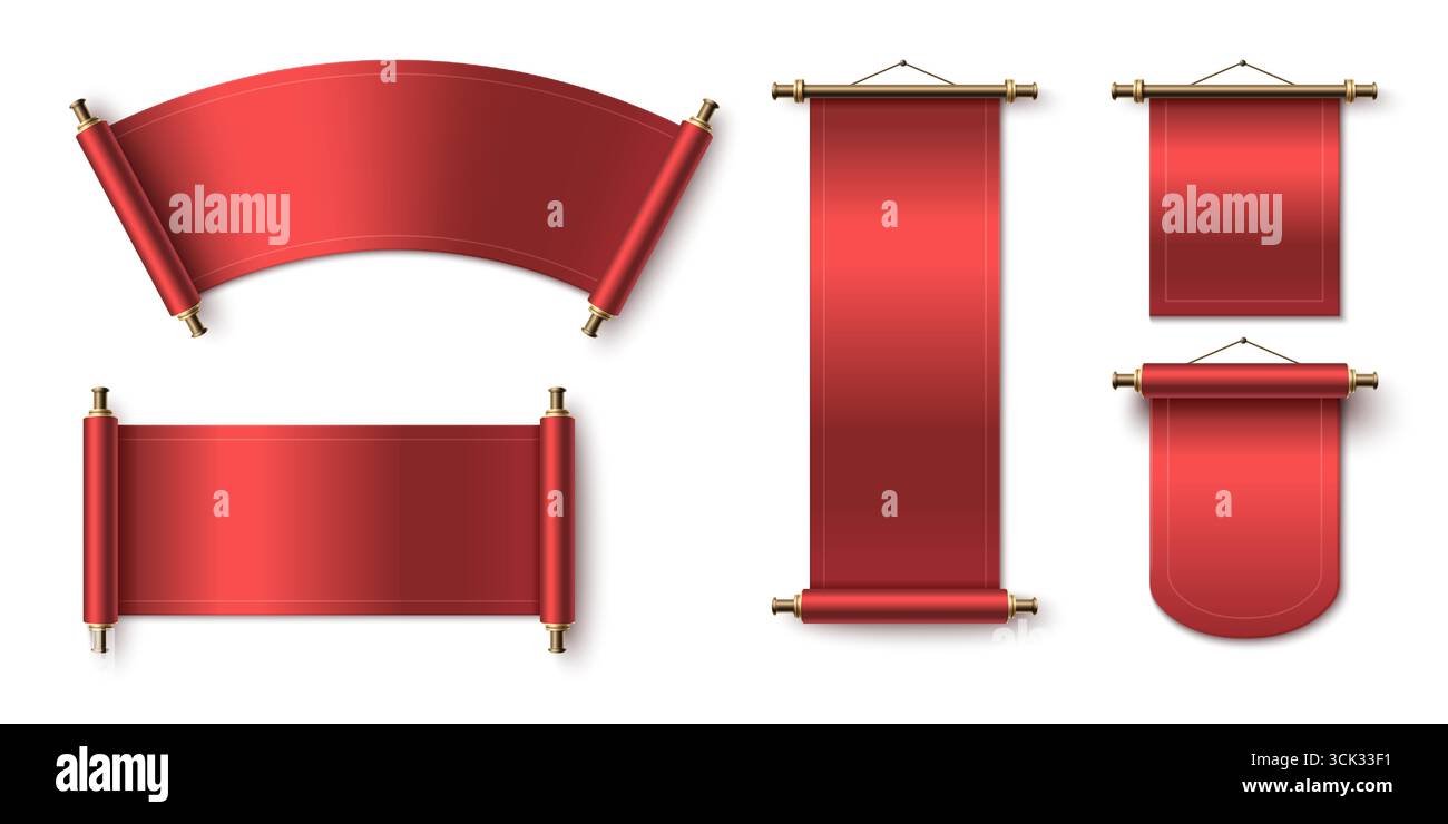 Chinese scroll paper banners with red silk fabric, metal rods and ...