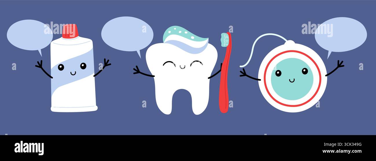 Cartoon characters. Cute toothpaste and dental floss. Happy tooth with ...