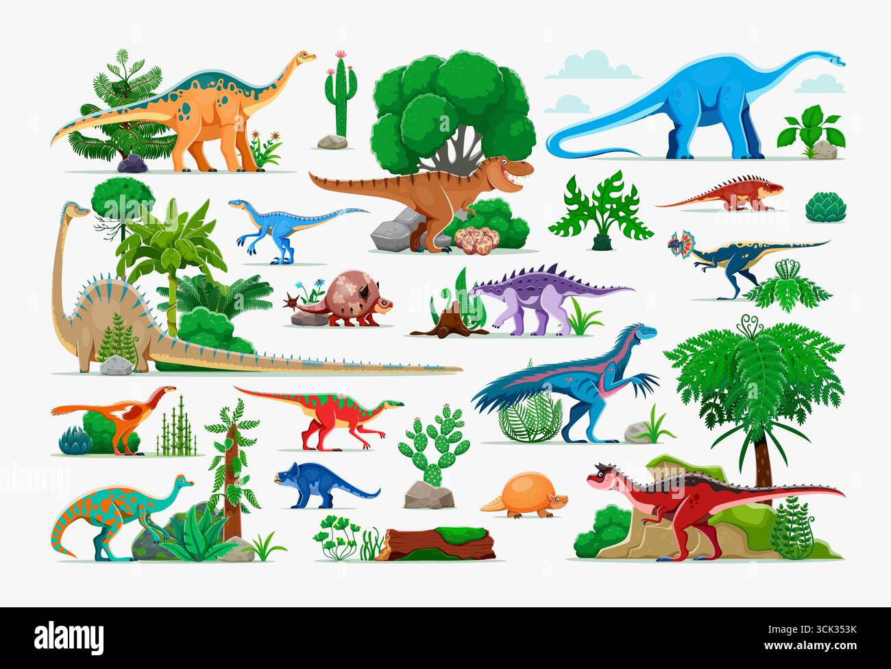 Cartoon dinosaurs characters and prehistoric jungle plants, vector dino ...