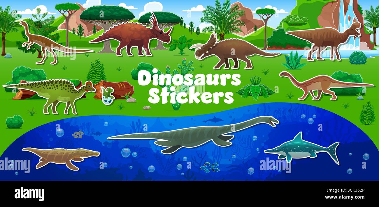 Cartoon prehistoric dinosaur characters stickers pack. Vector terrain ...
