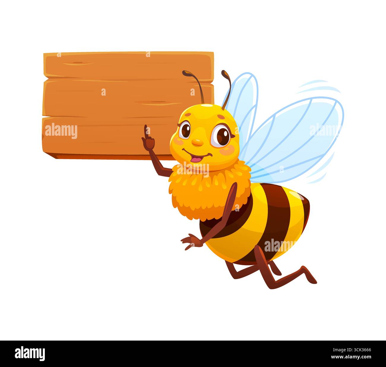 Cartoon honey bee character pointing on wooden sign board with raised ...