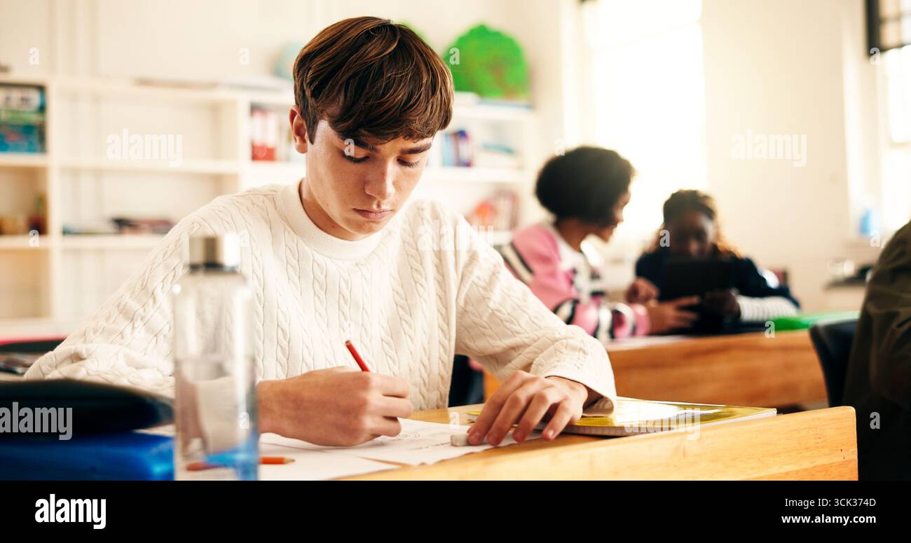 Drawing, education and student in classroom with creativity, ideas and ...