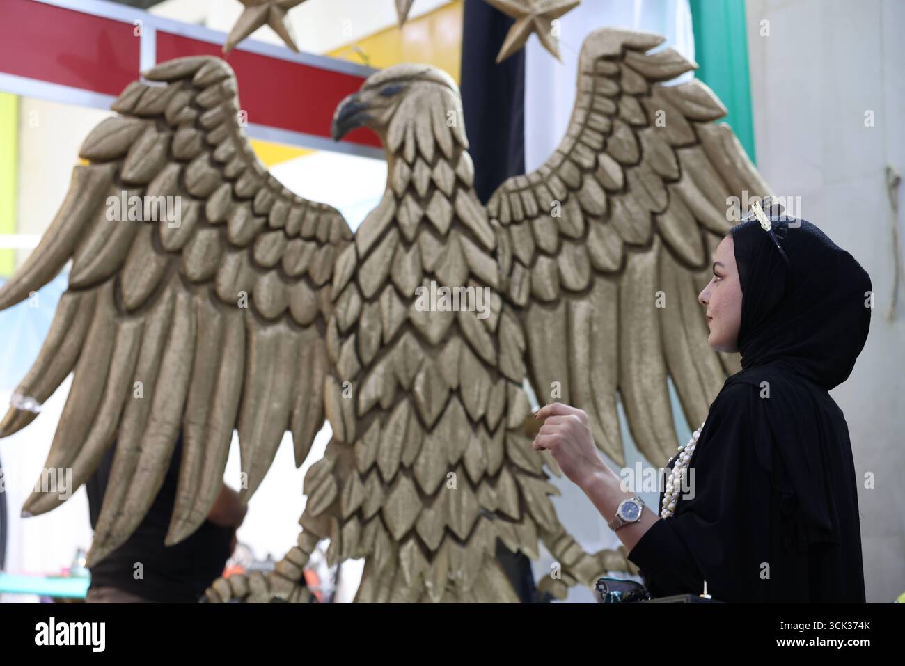 Syrian national emblem eagle showcased inside Damascus International ...