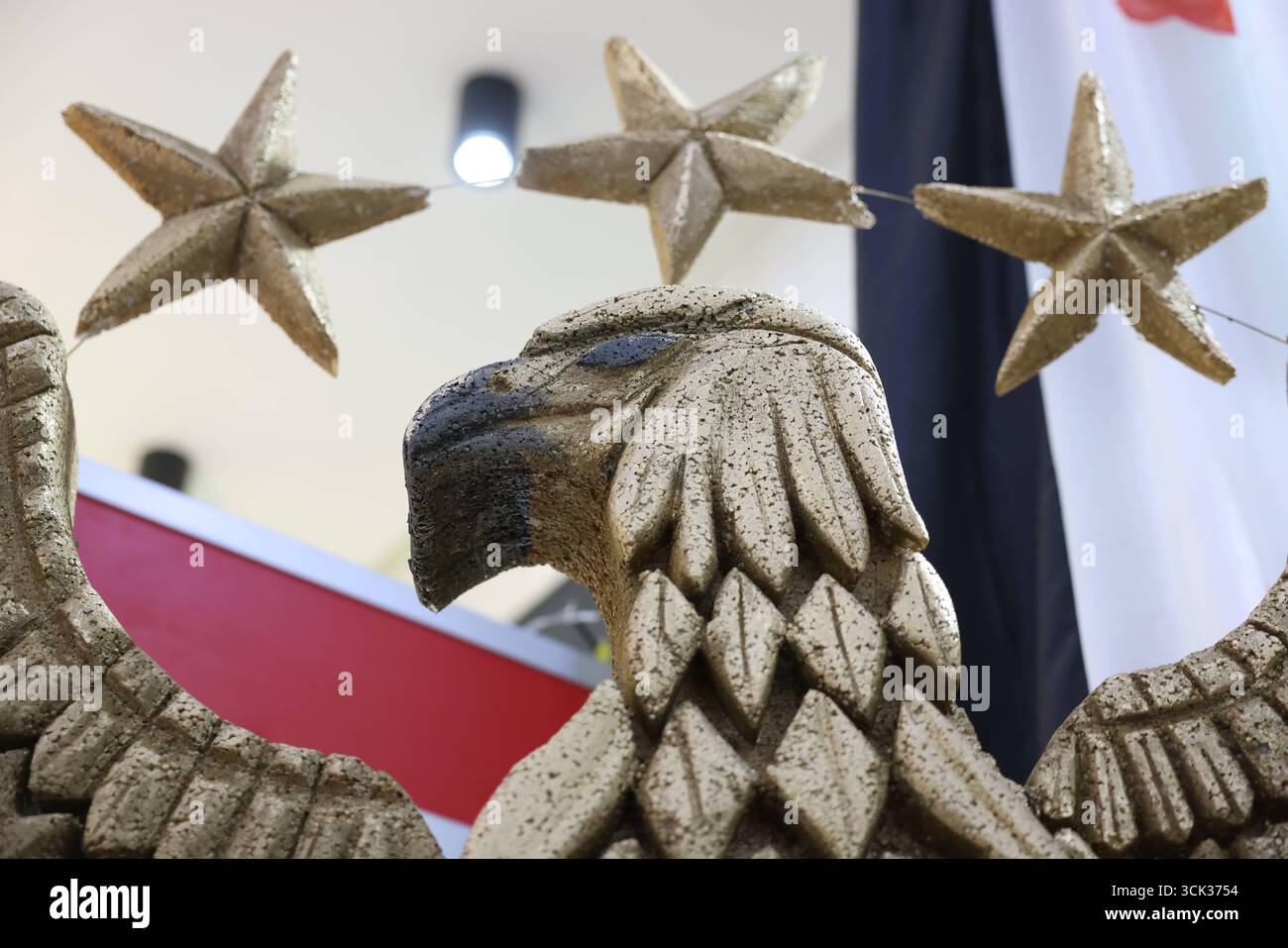 Syrian national emblem eagle showcased inside Damascus International ...