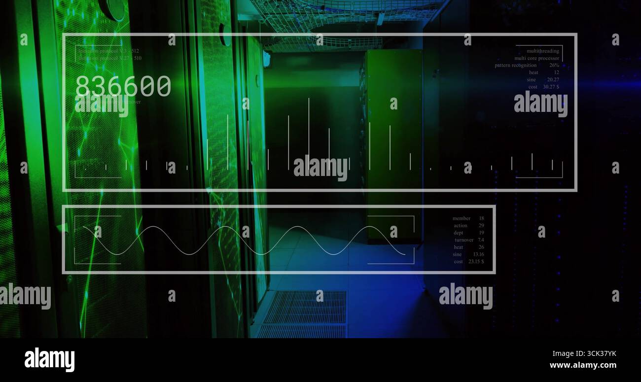 Displaying digital HUD overlay in data center corridor, with server ...