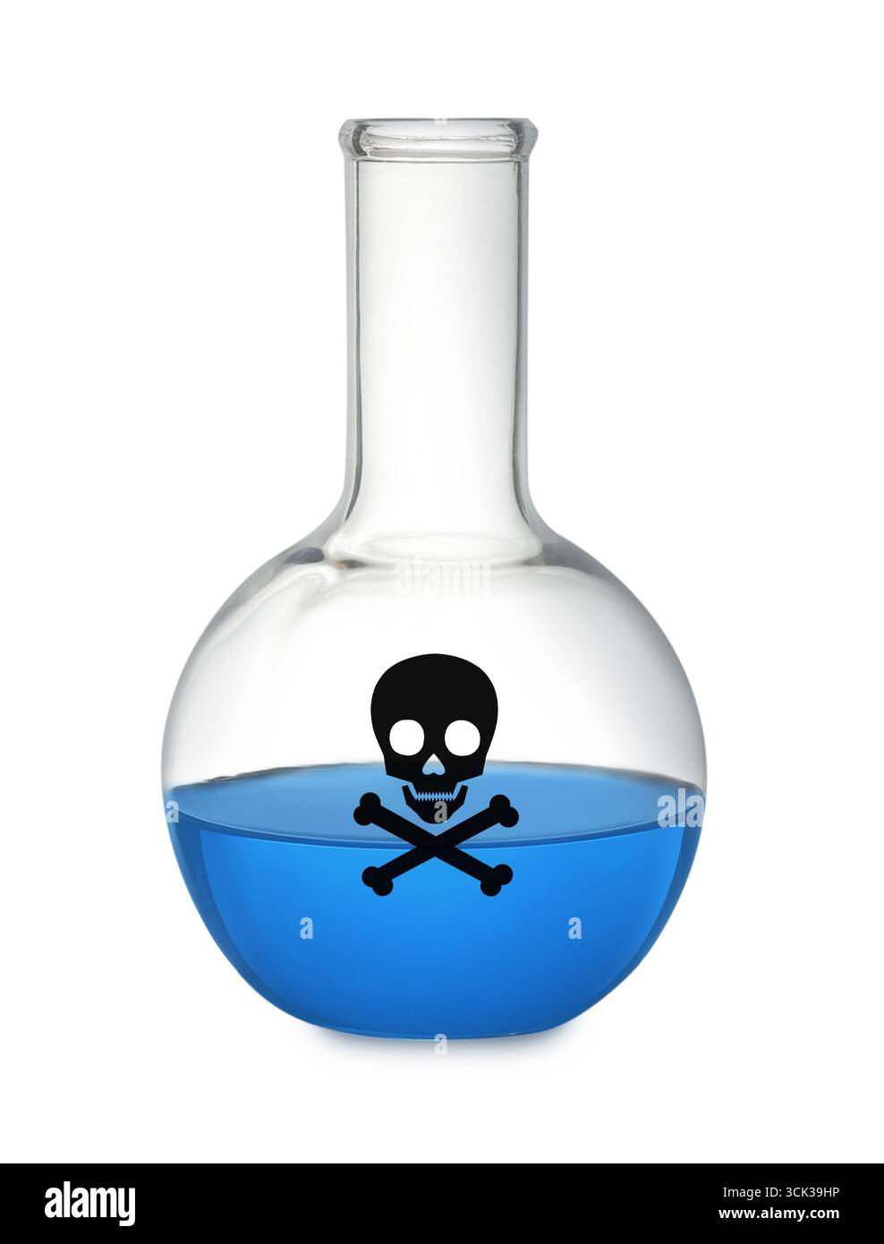 Poison warning symbol on glass flask with blue liquid against white ...