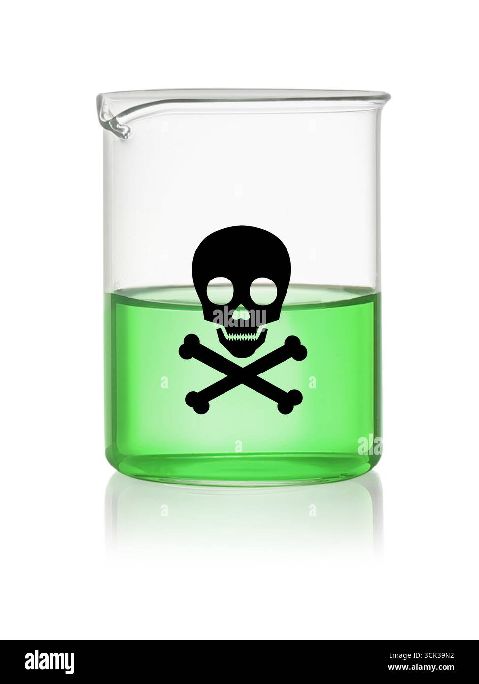 Poison warning symbol on glass beaker with green liquid against white ...