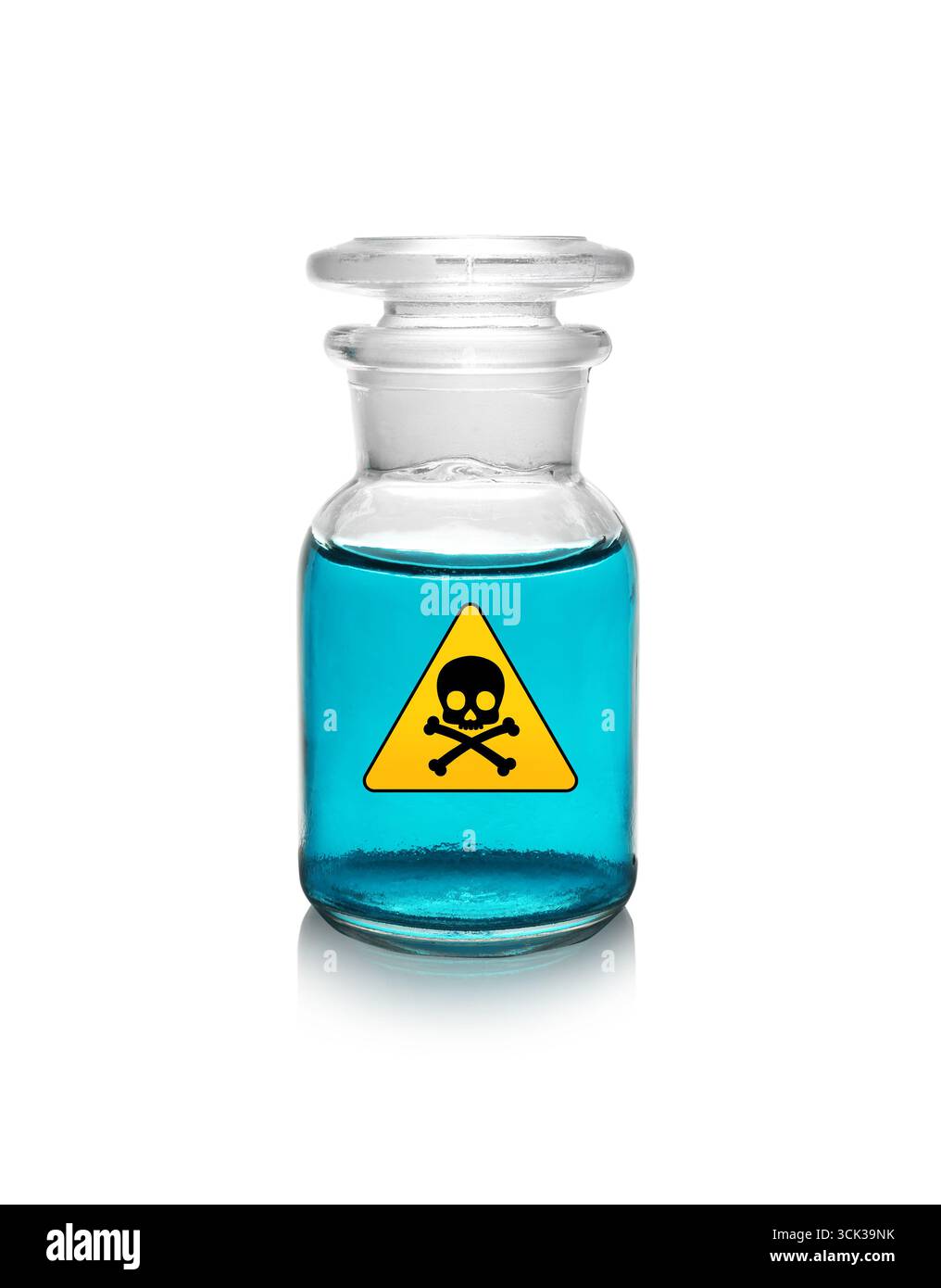 Poison warning symbol on glass bottle with blue liquid against white ...