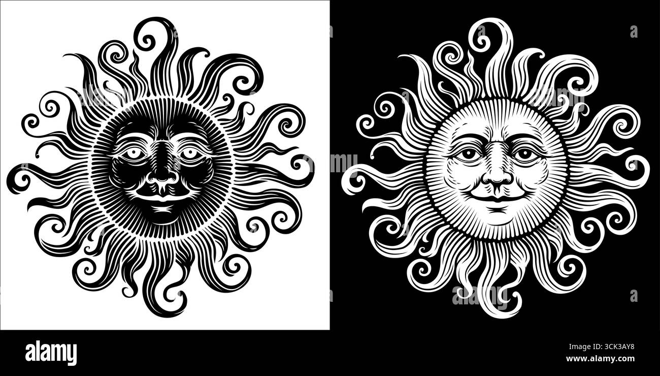 Vintage engraved sun face hi-res stock photography and images - Alamy