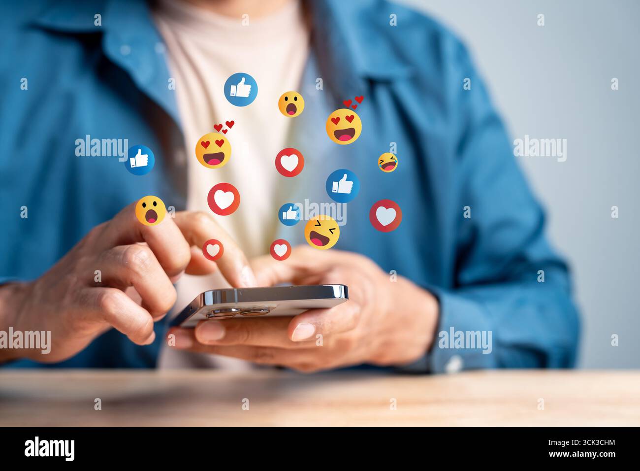 Social media digital content. User interacting with smartphone emoji ...