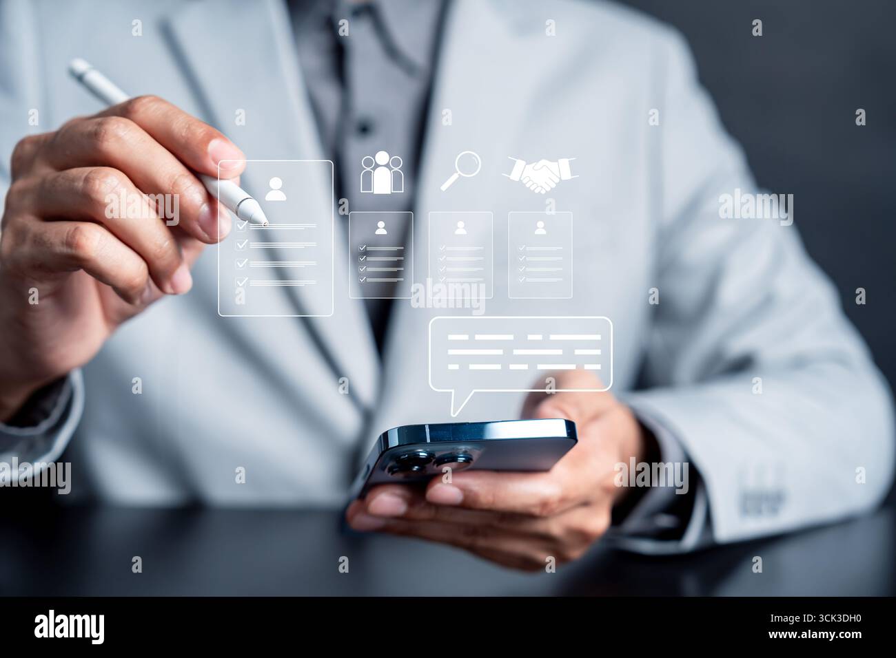 Business person with digital checklist and certificate, task management ...