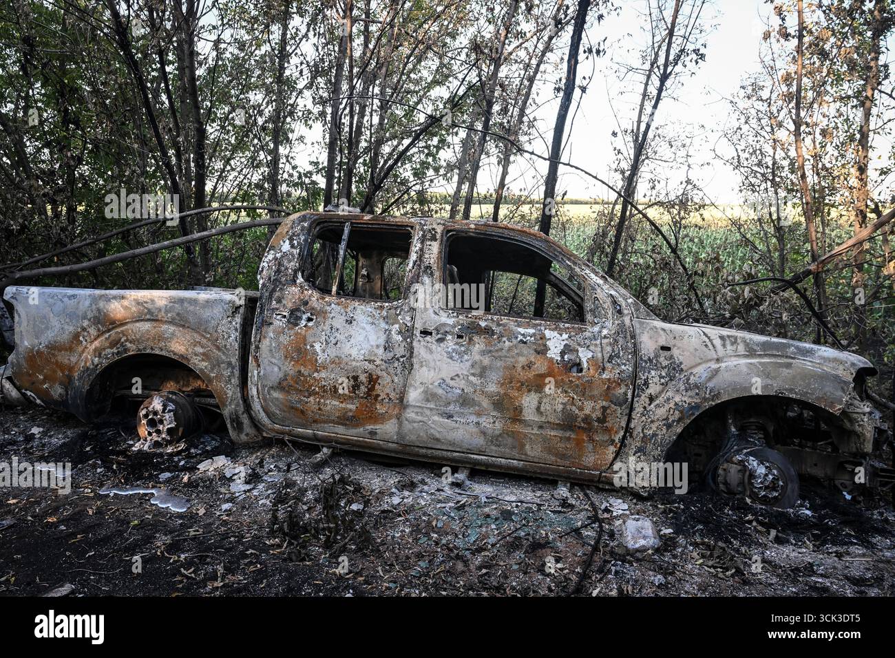 A burnt-out pickup truck is left on the roadside, Donetsk region ...