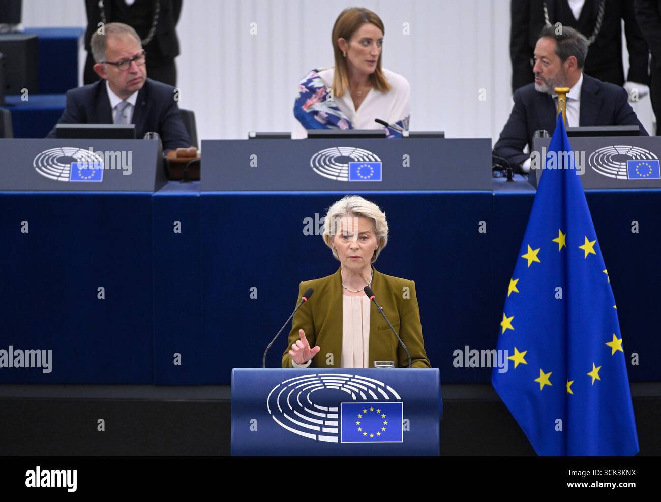 European Commission President Ursula von der Leyen gestures as she ...