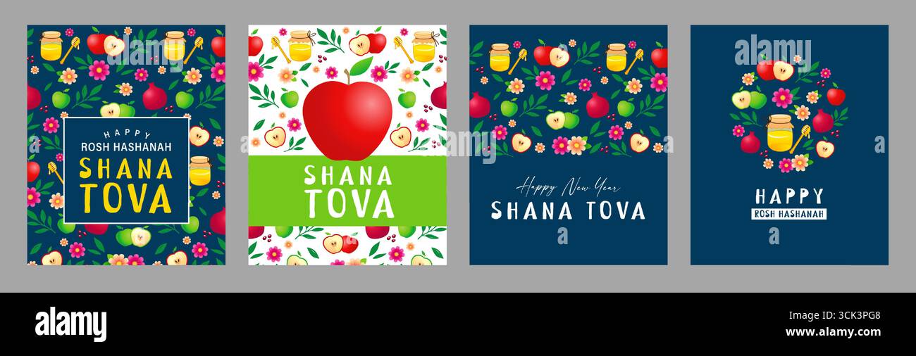 Happy Shana Tova creative greeting cards set 2025 with honey, apple and ...