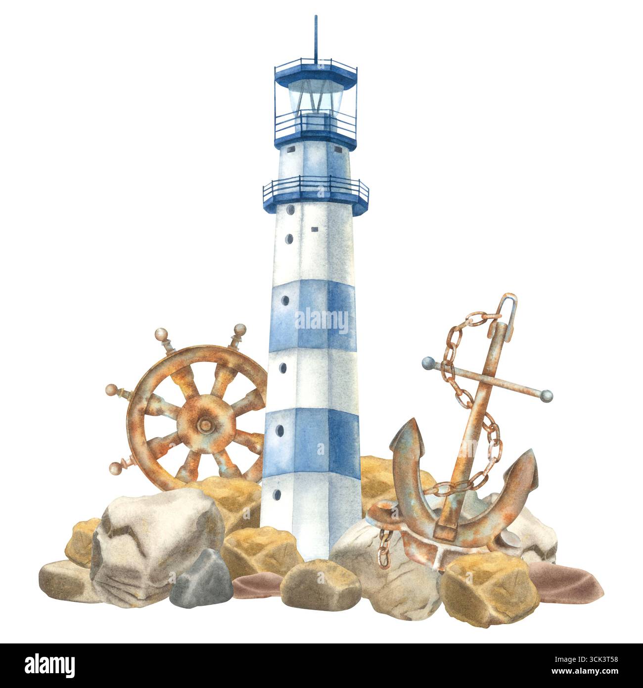 A blue lighthouse on sea cost with rocks, anchor and helm. Hand drawn ...