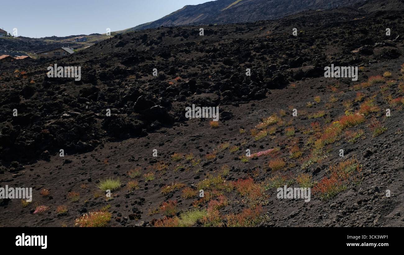 Rugged, volcanic landscape of Mount Etna in Sicily. Contrasting ...