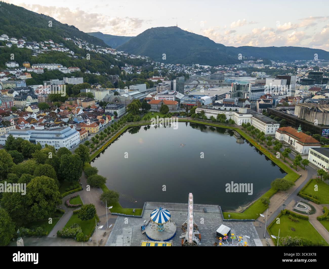 Aerial view of Byparken park reflecting the city's skyline, juxtaposed ...