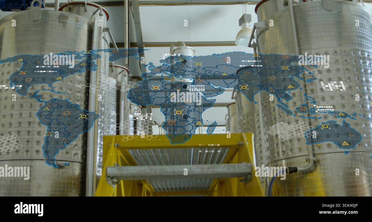 Steel tanks standing in brewery, with digital world map overlay, platform staircase and piping ...