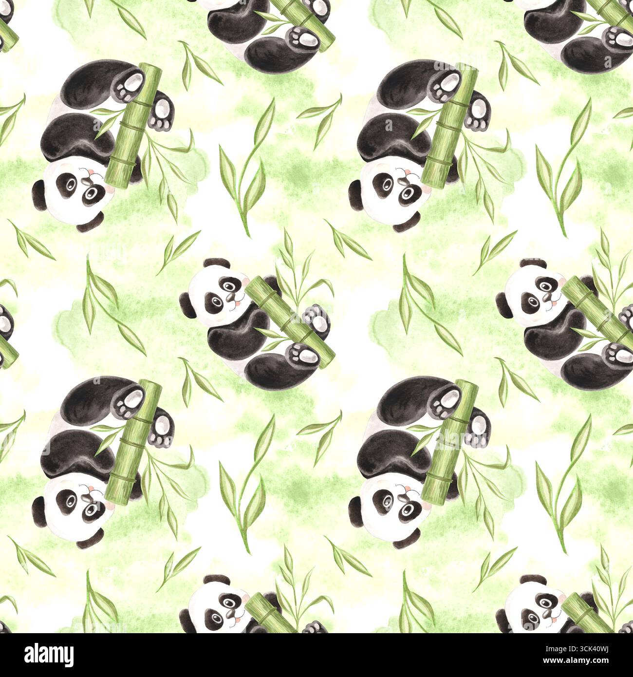 Cute baby pandas with green bamboo watercolor seamless pattern for kids ...