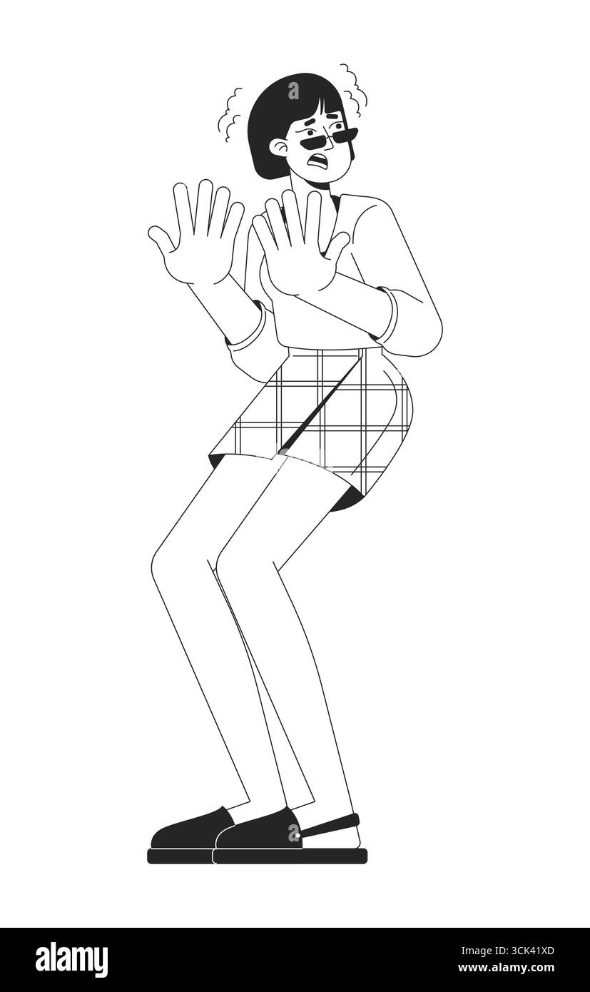 Scared korean woman trembling in shocked reaction 2D line character ...