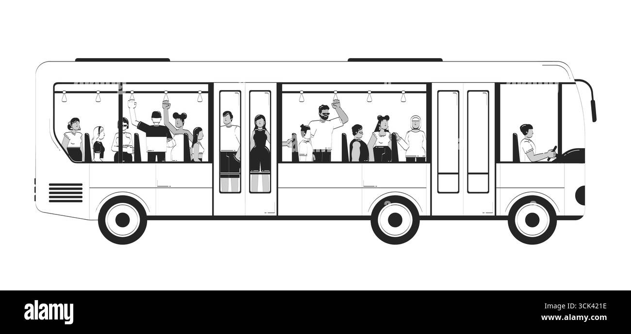 Crowded bus with passengers and driver doodle lineart illustration ...
