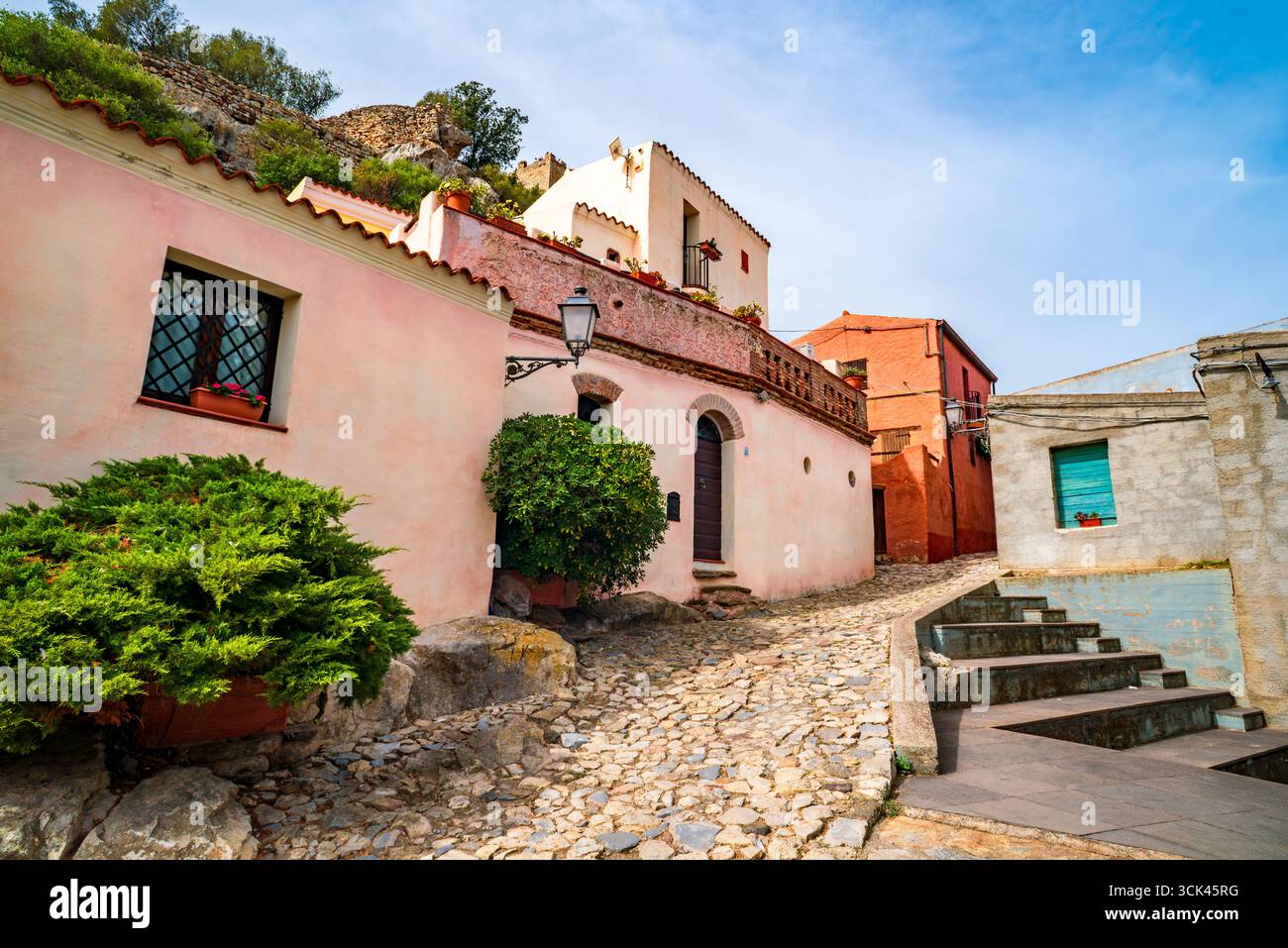 Historic cobblestone street with colorful old houses in Posada village ...