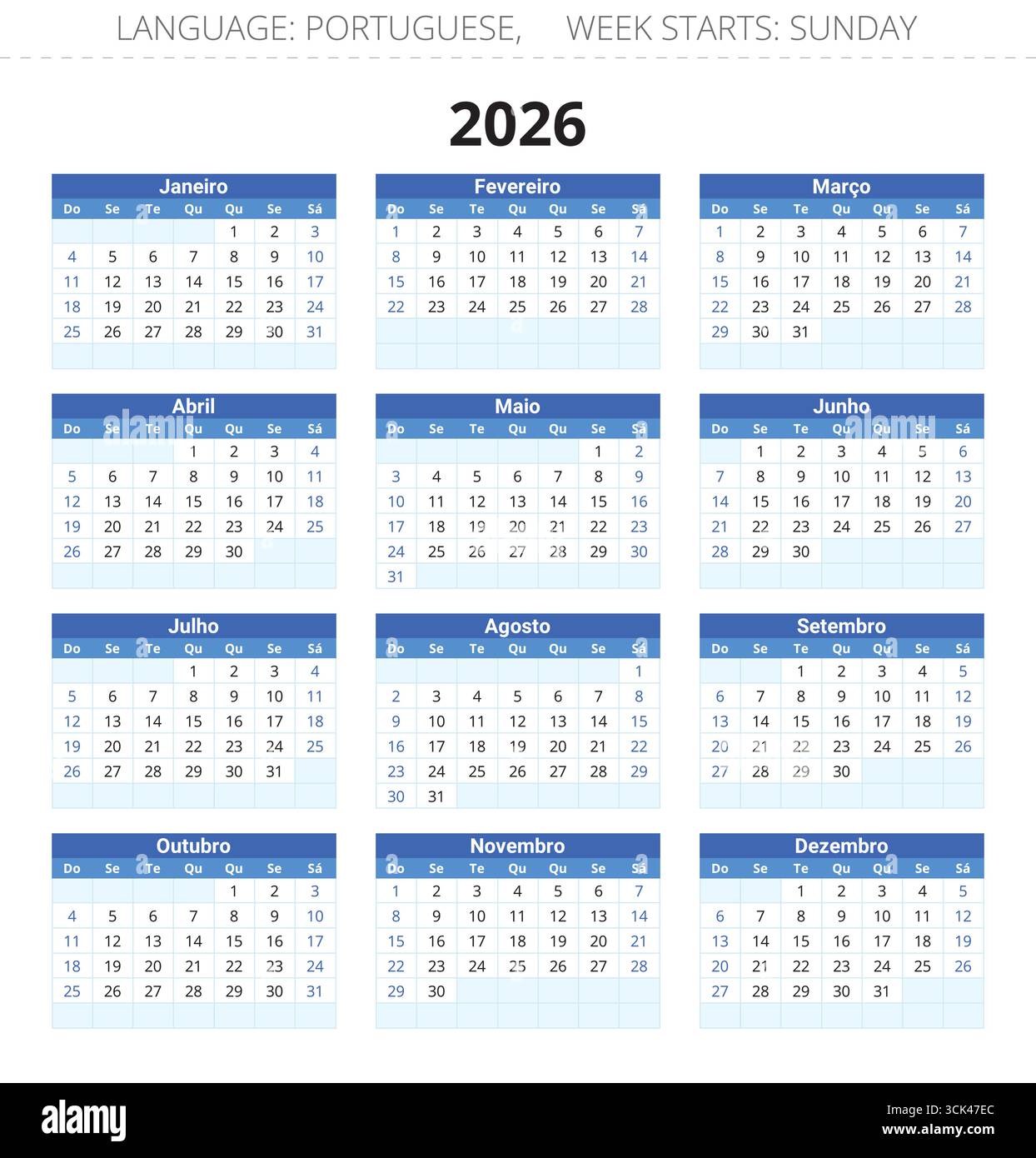 Portuguese calendar 2026 year. Vector illustration Portugal. Calendario ...