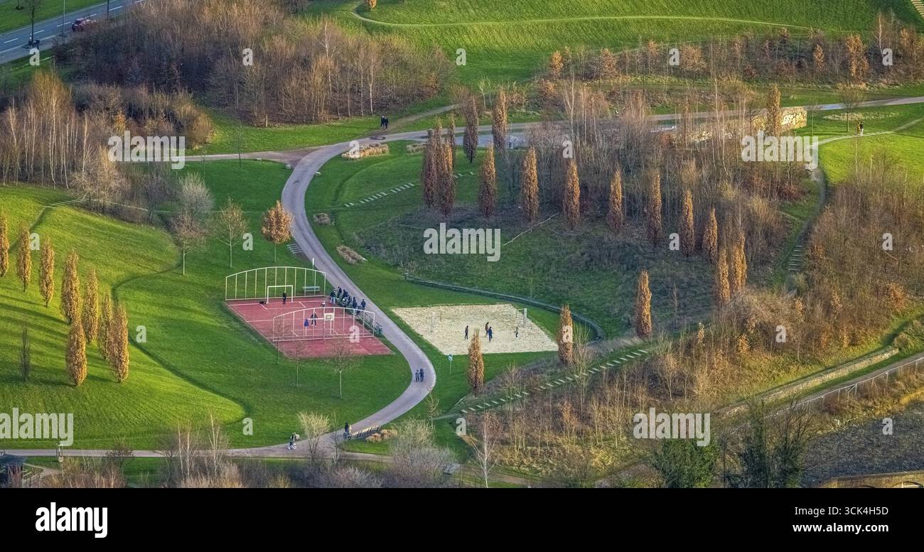 Aerial view, Krupp-Park sports facility, meadows with row of trees ...