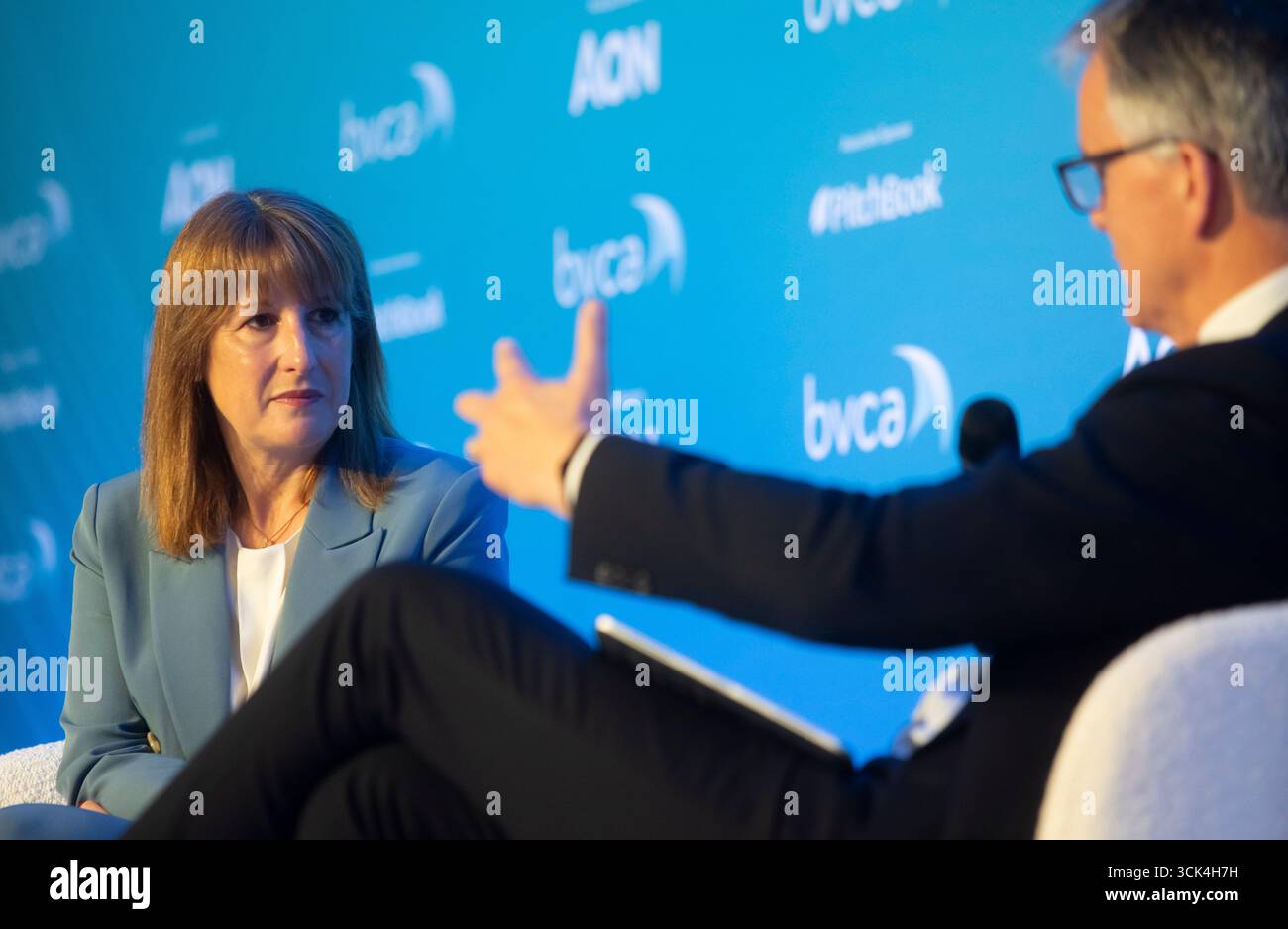 Chancellor of the Exchequer Rachel Reeves speaks with British Private ...