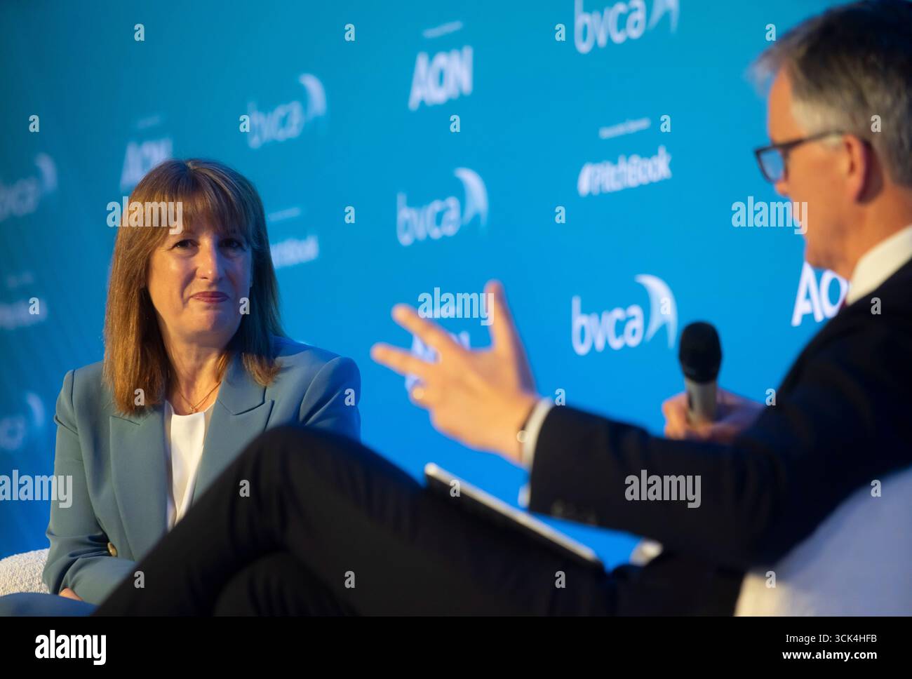 Chancellor of the Exchequer Rachel Reeves speaks with British Private ...