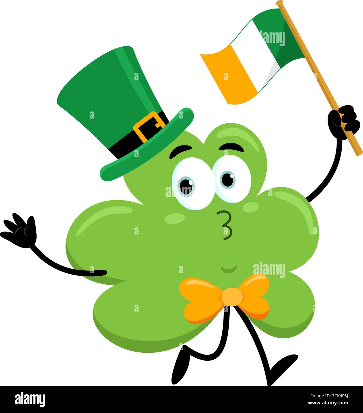 St. Patrick's Clover Leaf Cartoon Character Running With Flag Of ...