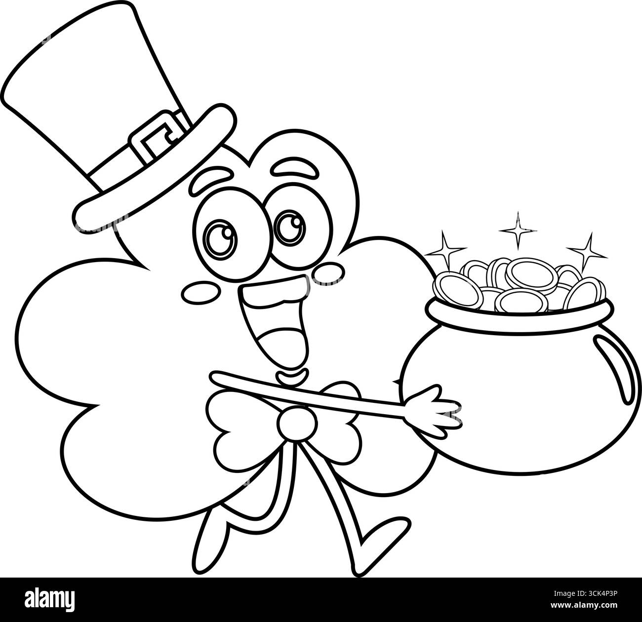 Outlined St. Patrick's Clover Leaf Cartoon Character Running With A Pot ...