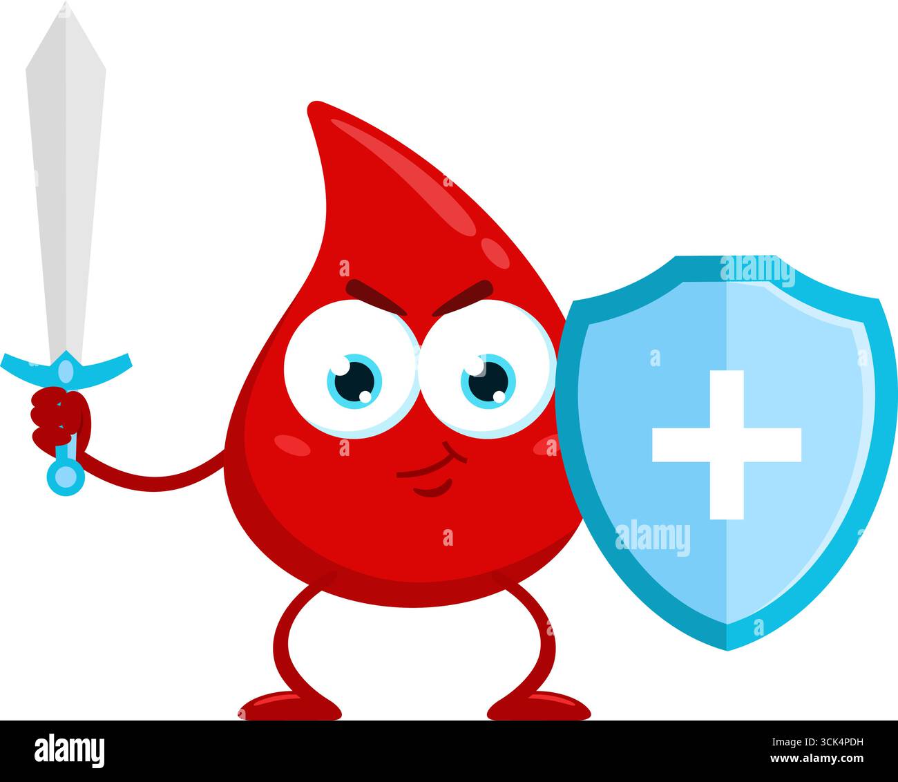 Cute Red Blood Drop Cartoon Character Guards With Shield And Sword ...