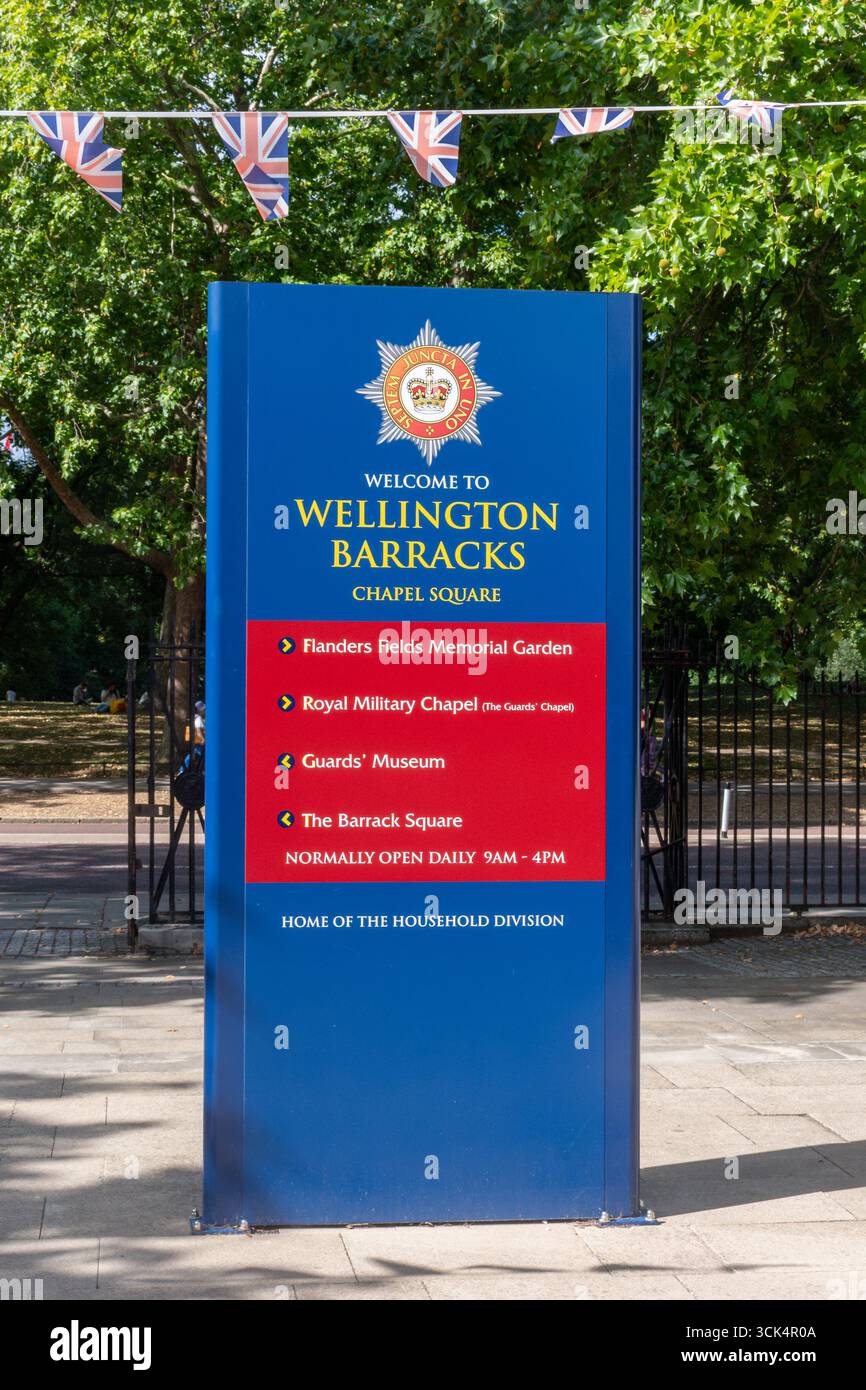 Welcome sign at Wellington Barracks, Chapel Square, London, England, UK ...