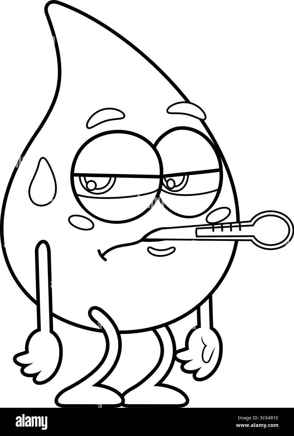 Outlined Sick Blood Drop Cartoon Character With Thermometer. Vector ...