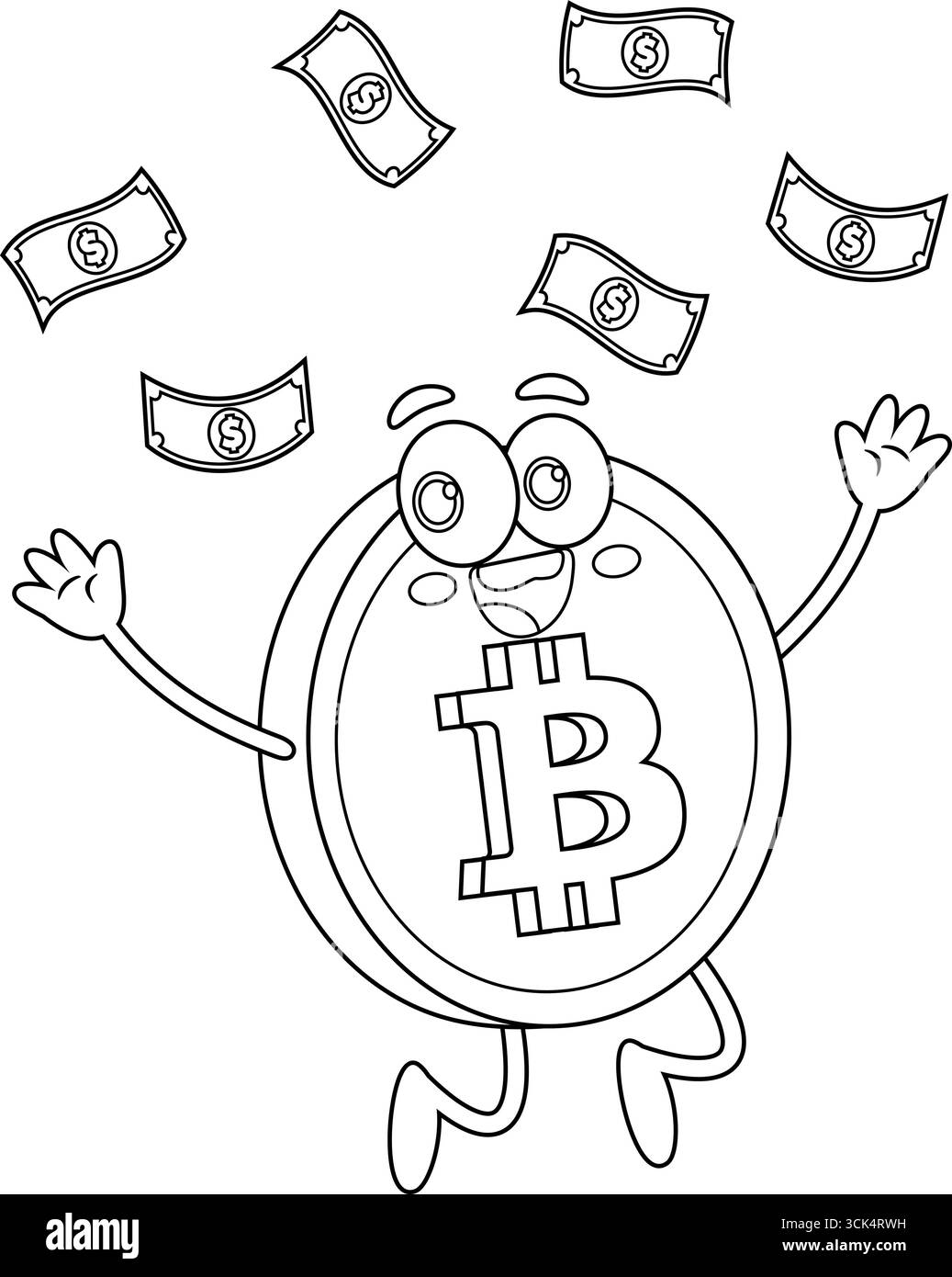 Outlined Bitcoin Cartoon Character Tossing Money Up In The Air. Vector ...