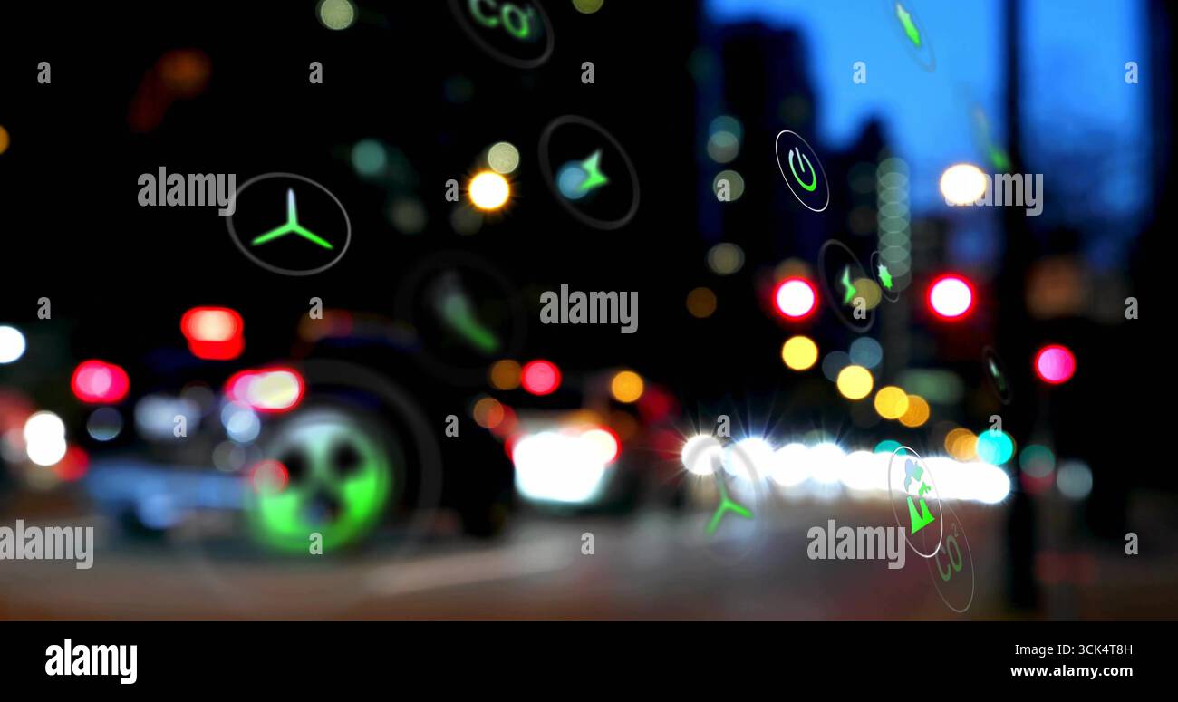 Displaying translucent green energy icons overlaying nighttime street ...