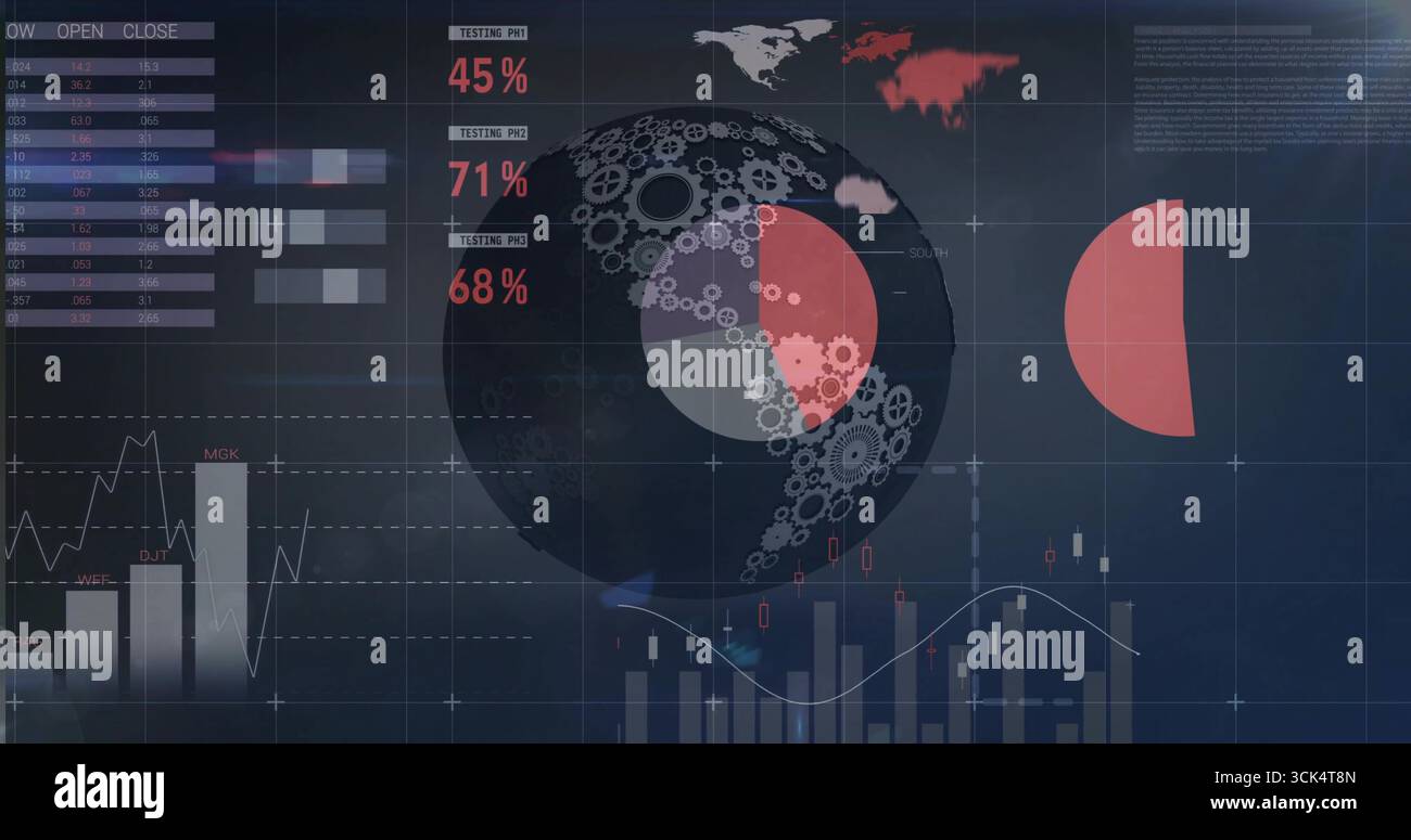 Displaying analytics dashboard on grid overlay with globe gears ...
