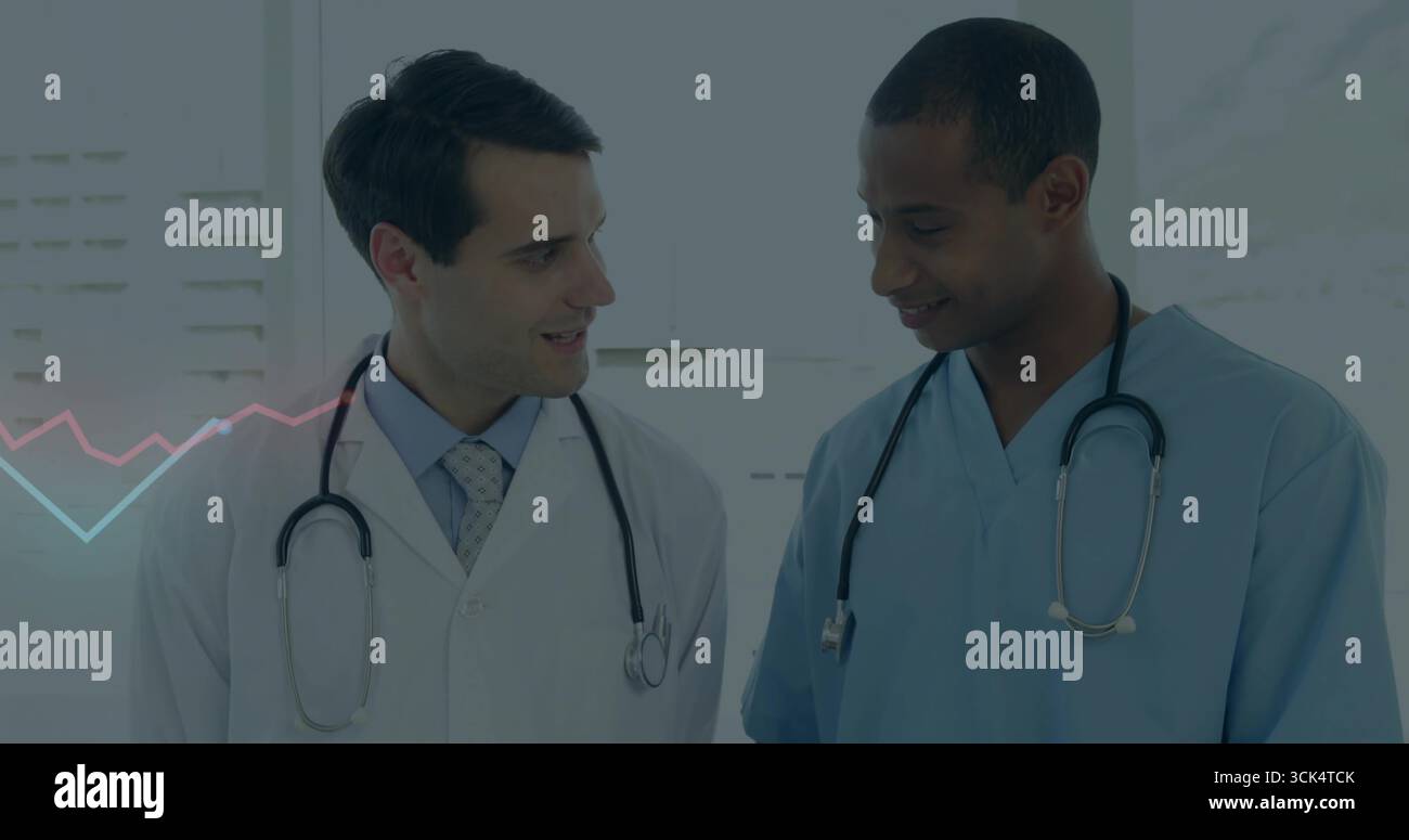 Talking doctors wearing lab coat and scrubs discussing patient care at ...