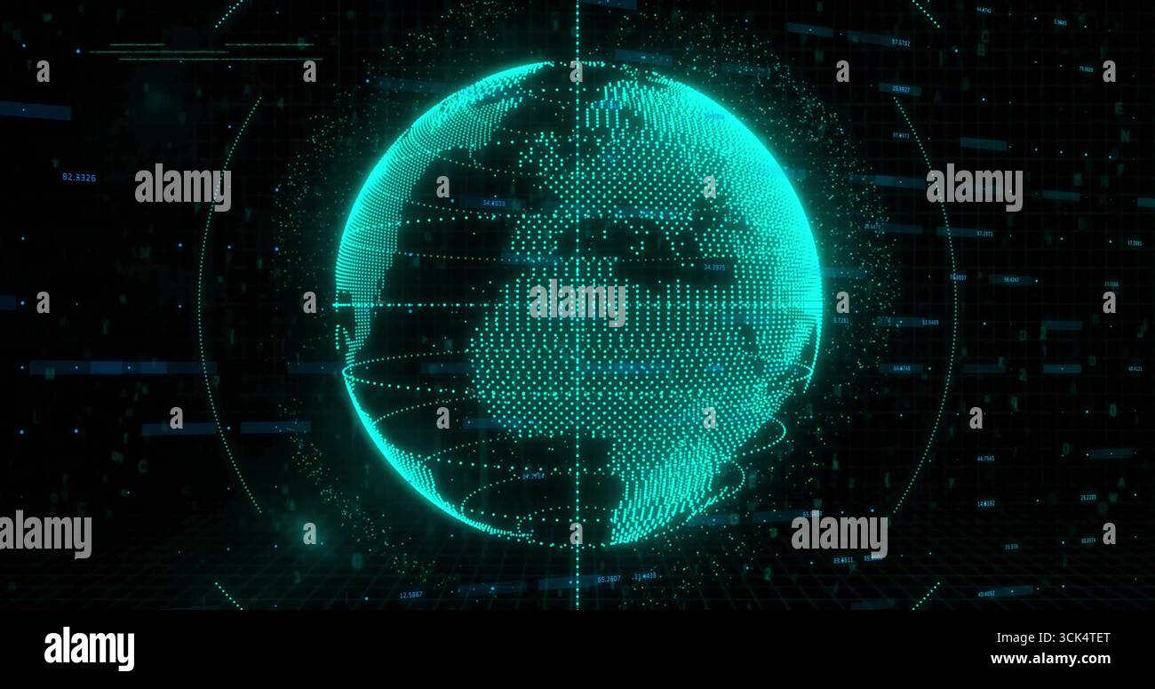 Floating holographic Earth globe rotating in dark virtual space, with ...
