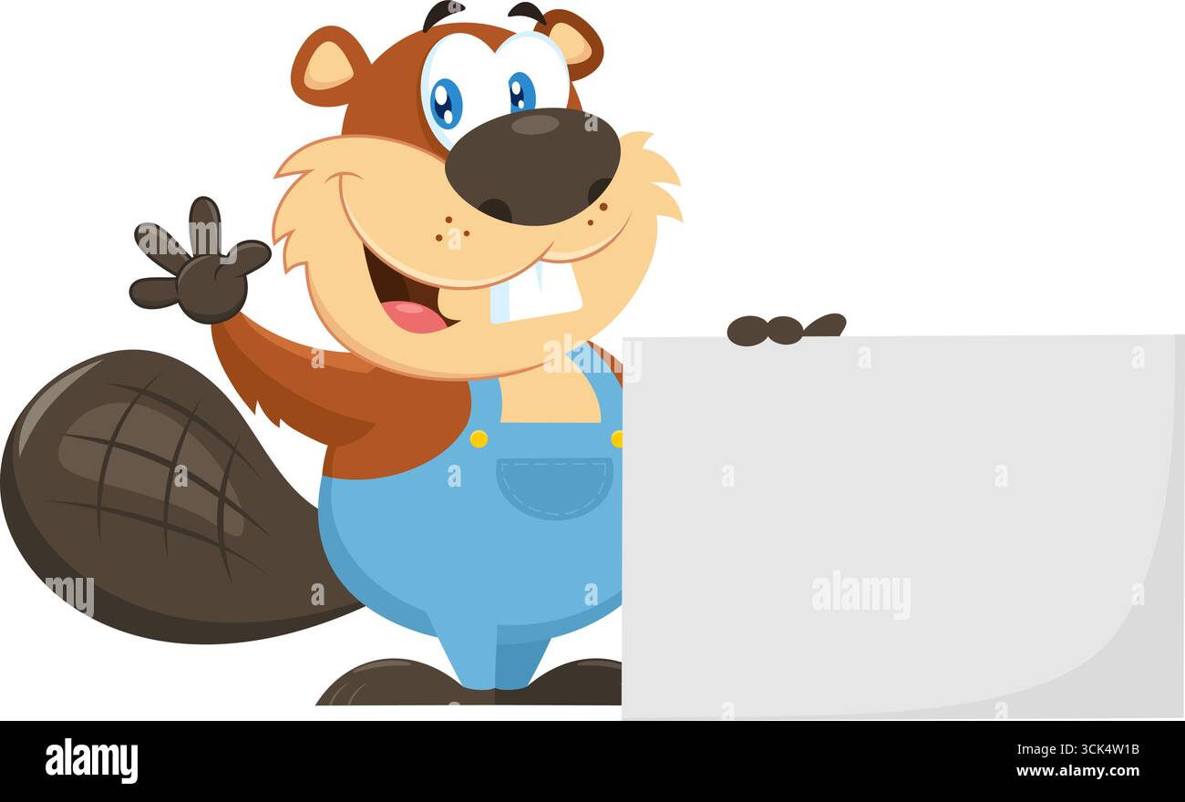 Cute Beaver Cartoon Character Holding A Blank Sign And Waving For ...
